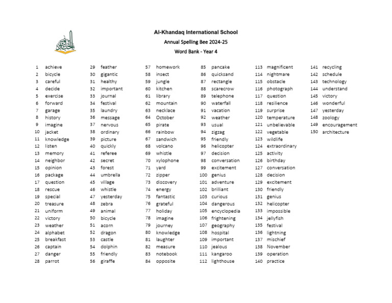 Year 4 Spelling Bee Word Bank | PDF