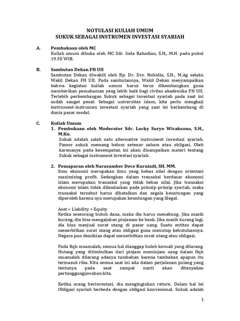 Notulensi Sukuk Sukuk Sebagai Istrumen Investasi Syariah | PDF