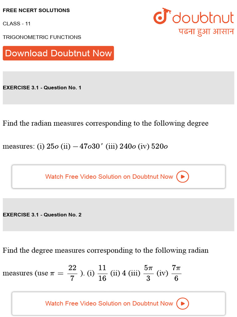 Ncert Solution 11 Trigonometric Functions | PDF