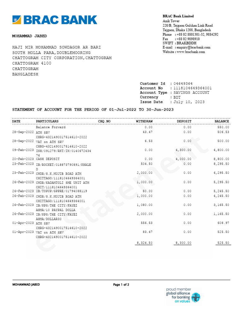BRAC Bank Savings Account Statement | PDF | Service Industries ...