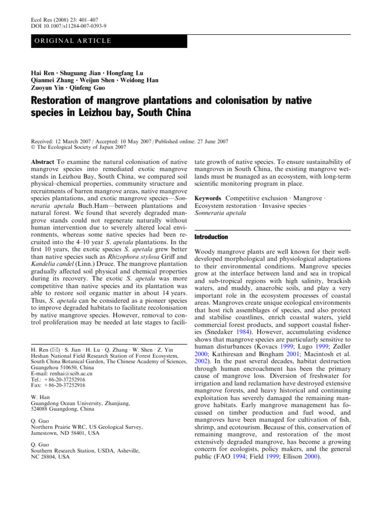 Restoration of Mangrove Plantations and Colonisation by Native Species ...