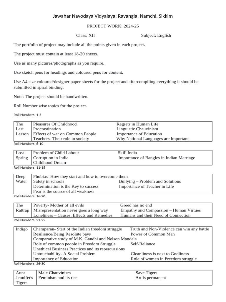 Class XII English Project Guidelines | PDF
