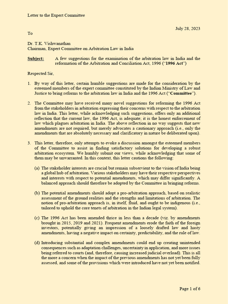 Letter To The Expert Committee | PDF