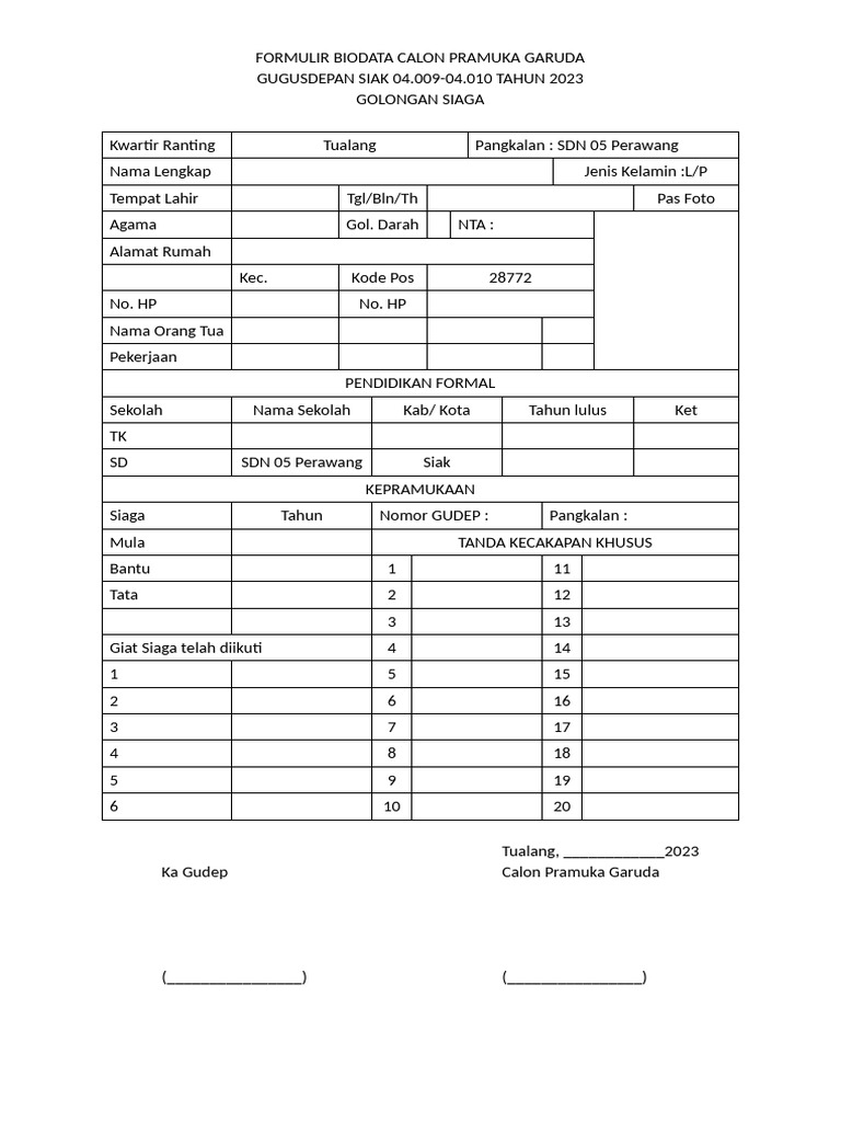 Formulir Biodata Calon Pramuka Garuda | PDF