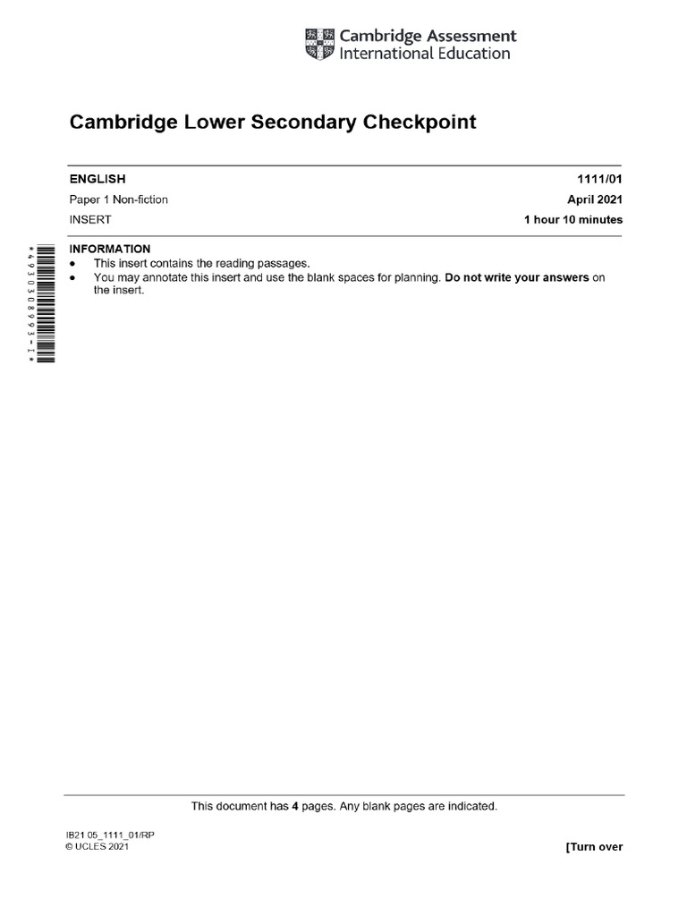 Cambridge Secondary Checkpoint - English (1111) April 2021 Paper 1 Non ...