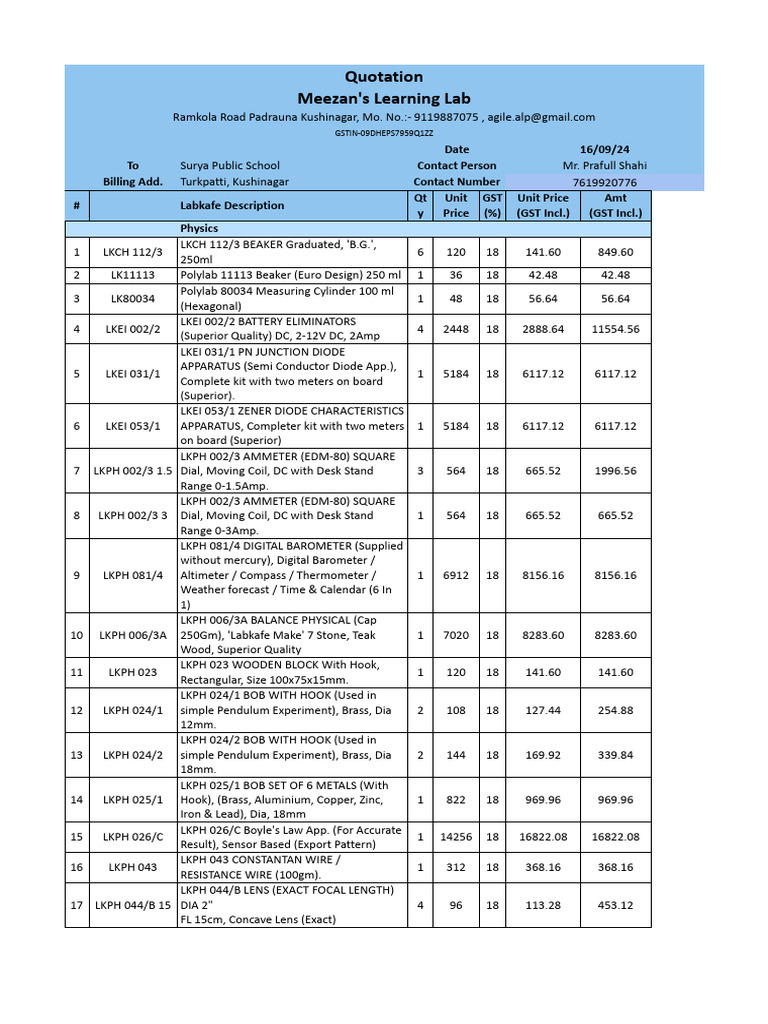 Surya Public School Lab Material Quotation | PDF