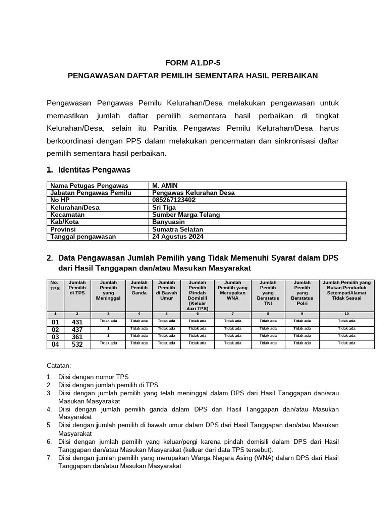 Form A1 DP 5 M. Amin PKD Sri Tiga | PDF
