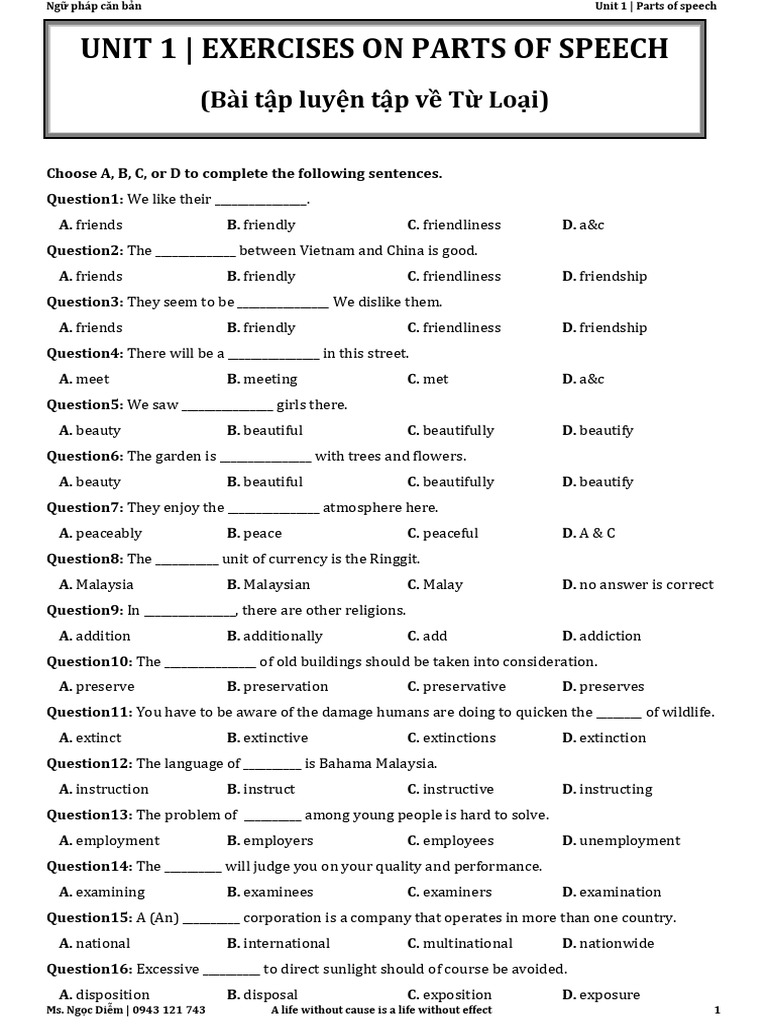 Unit 1 - Exercises On Parts Of Speech: (Bài tập luyện tập về Từ Loại) | PDF