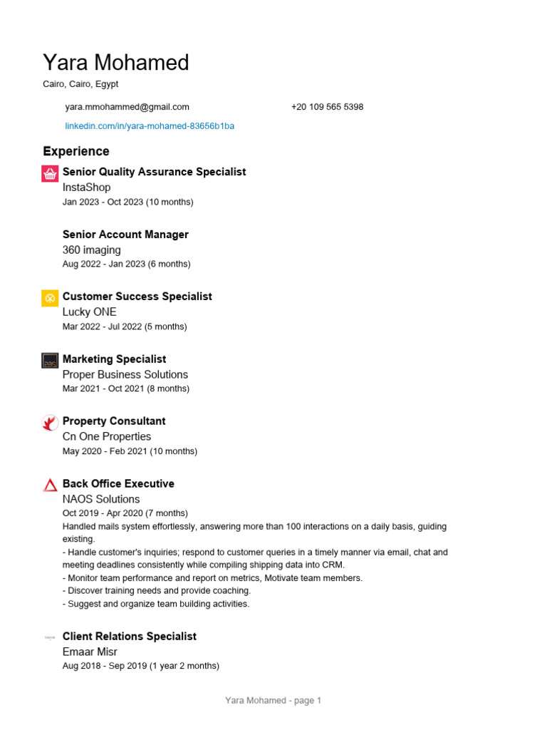 Resume Yara Mohamed | PDF Resume Yara Mohamed | PDF