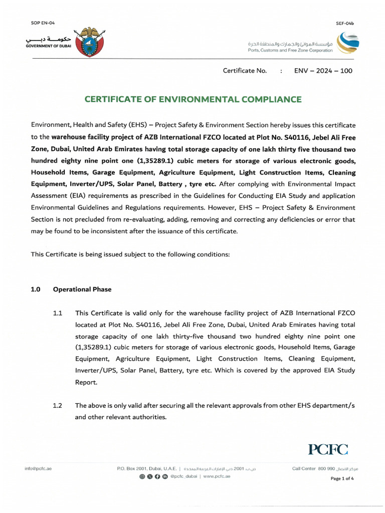Certificate of Environmental | PDF