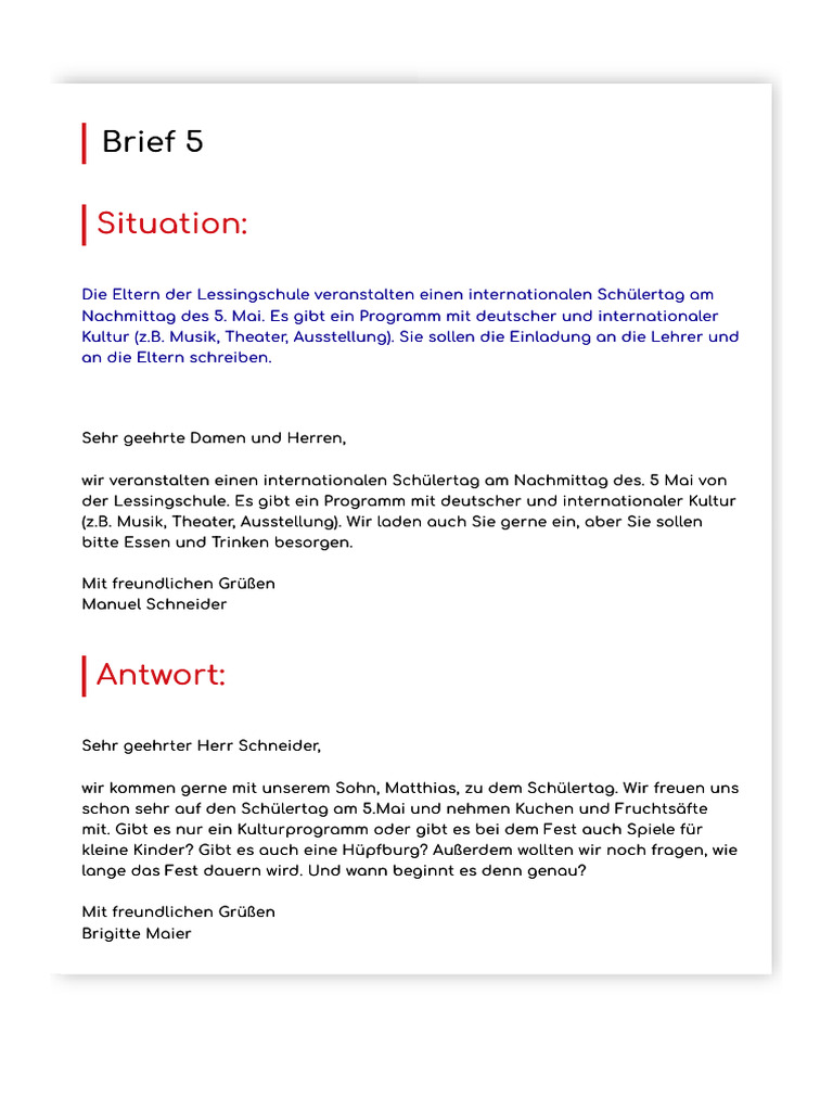 Beispiele Für Briefe Zu Unterschiedlichen Themen Für Niveaustufe A2 - IFU Sprachschule 5 | PDF