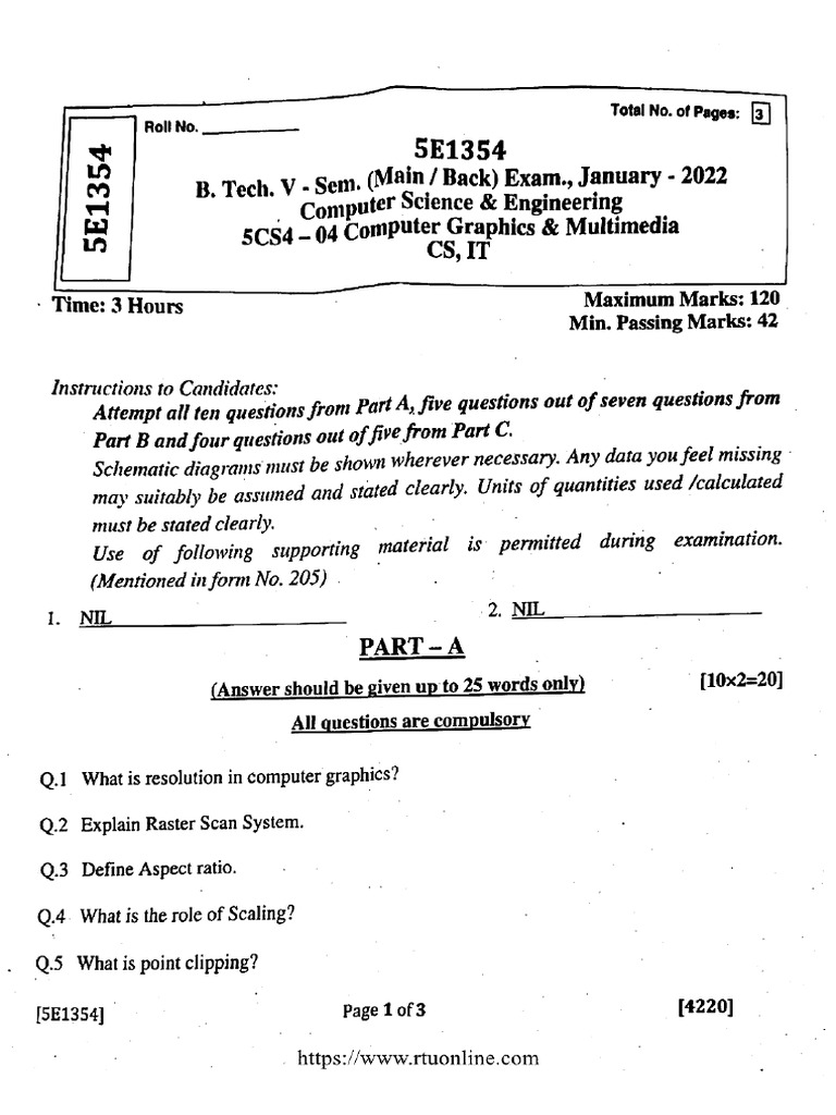 Btech Cs It 5 Sem Computer Graphics and Multimedia 5e1354 Jan 2022 | PDF