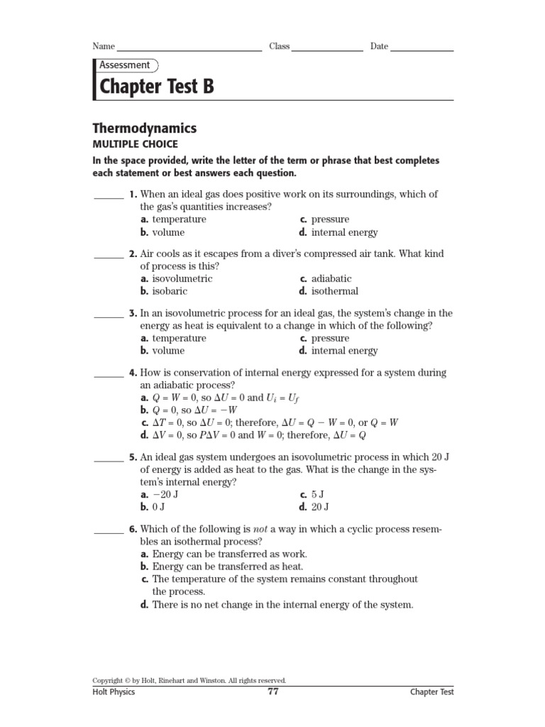 Chapter Test B: Thermodynamics | PDF