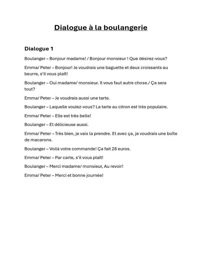Dialogue À La Boulangerie | PDF