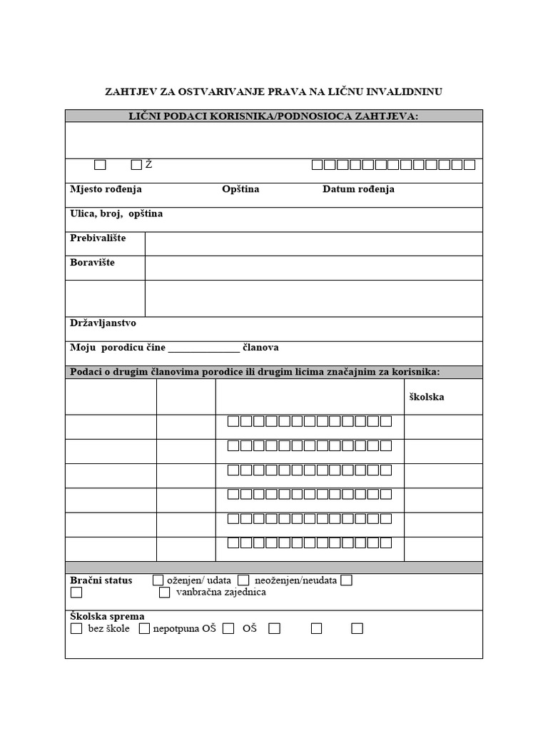 Zahtjev Za Ostvarivanje Prava Na Ličnu Invalidninu | PDF