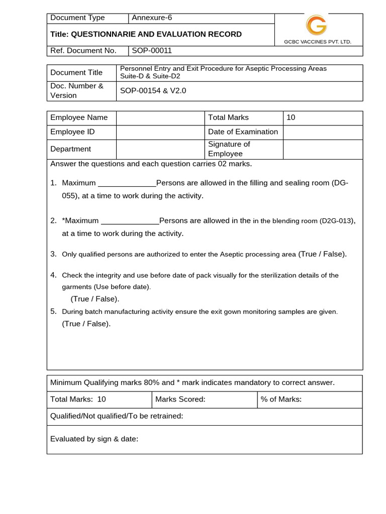 Questionnaire For SOP-00154 | PDF