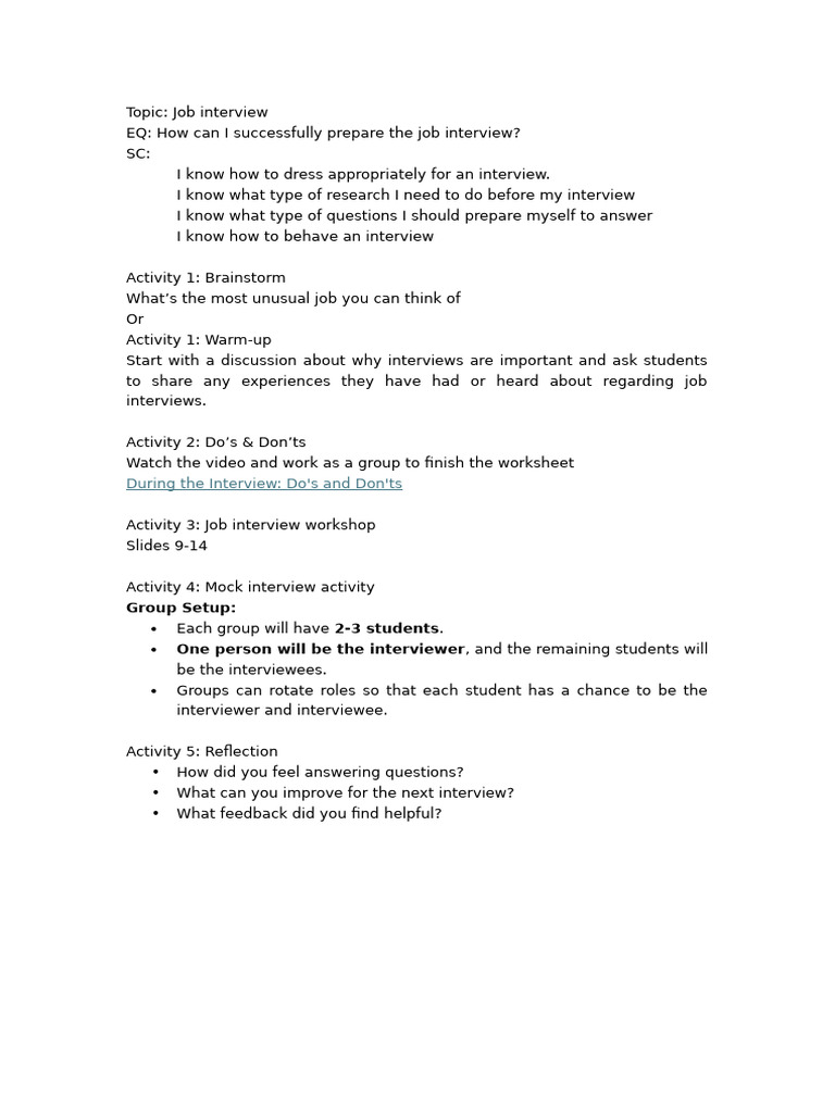 Job Interview Lesson Plan | PDF