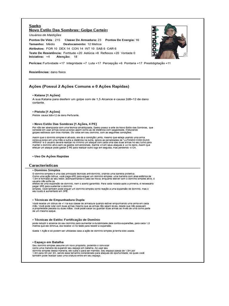 FEITICEIRO Ficha NPC Saeko - Google Sheets | PDF