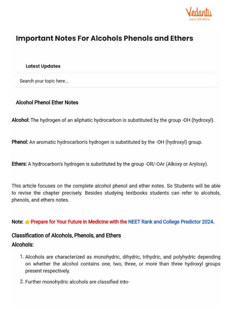 Important Notes For Alcohols Phenols and Ethers | PDF