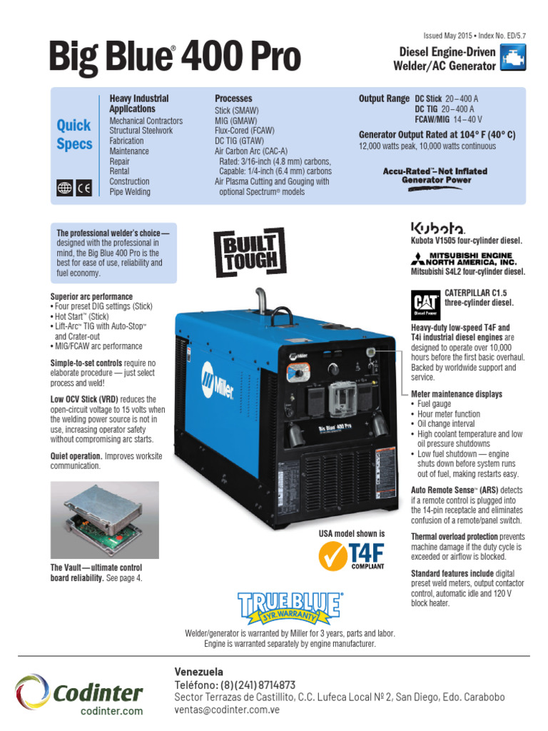 Ficha Tecnica Maquina Soldar Miller Big Blue 400 Pro Ve | PDF