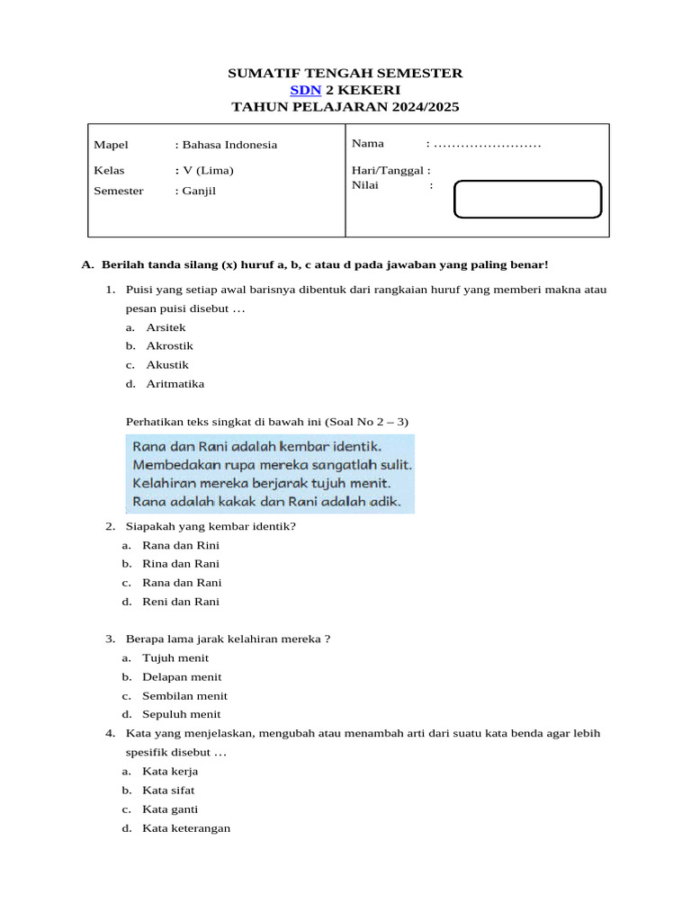 Soal STS 1 B.Indo Kelas 5 | PDF
