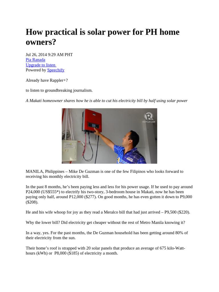 How Practical Is Solar Power For PH Home Owners | PDF