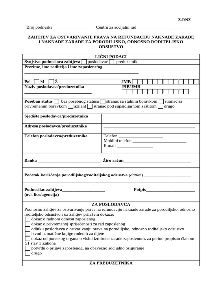 Zahtjev Za Ostvarivanje Prava Na Refundaciju Naknade Zarade I Naknade Zarade Za Porodiljsko ...