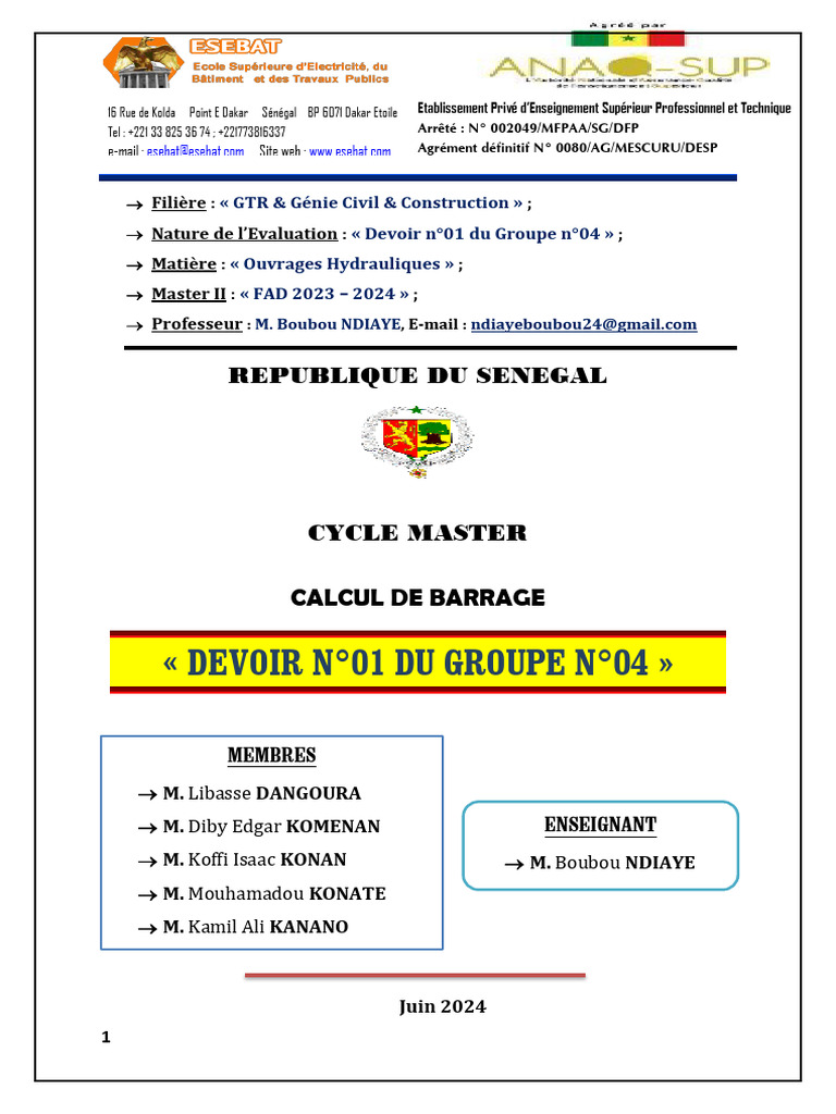 Devoir N°01 BARRAGE DU GROUPE 04 - M2-FAD-2024 - ESEBAT | PDF