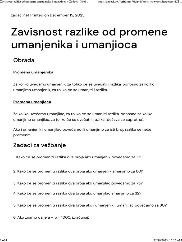 Zavisnost Razlike Od Promene Umanjenika I Umanjioca - Zadaci - Školski Zadaci Za Sve Uzrasteback ...