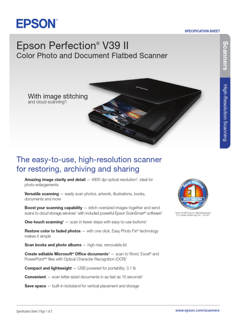Epson Perfection V39 II Scanner Specification Sheet | PDF | Image ...