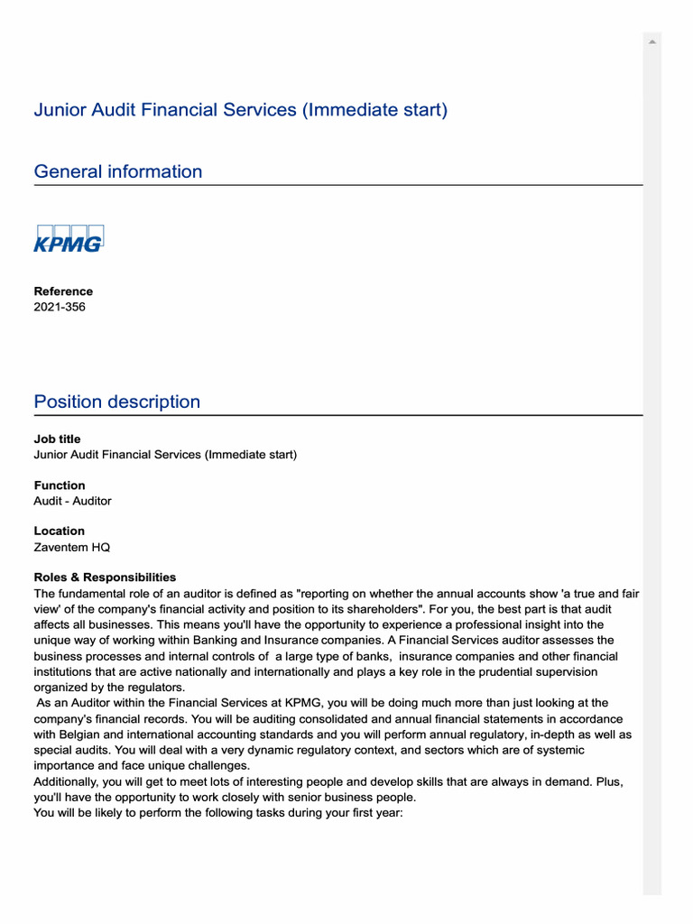 KPMG Junior Audit Financial Services | PDF