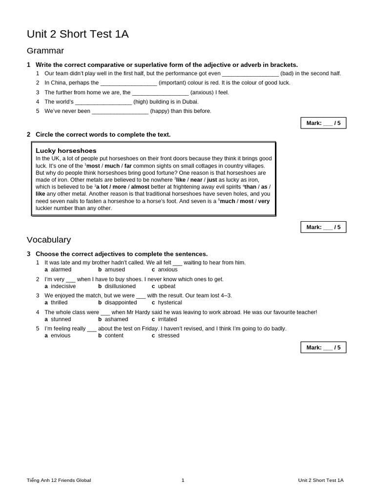 Tiếng Anh 12 Friends Global - Unit 2 - short - test - 1a | PDF