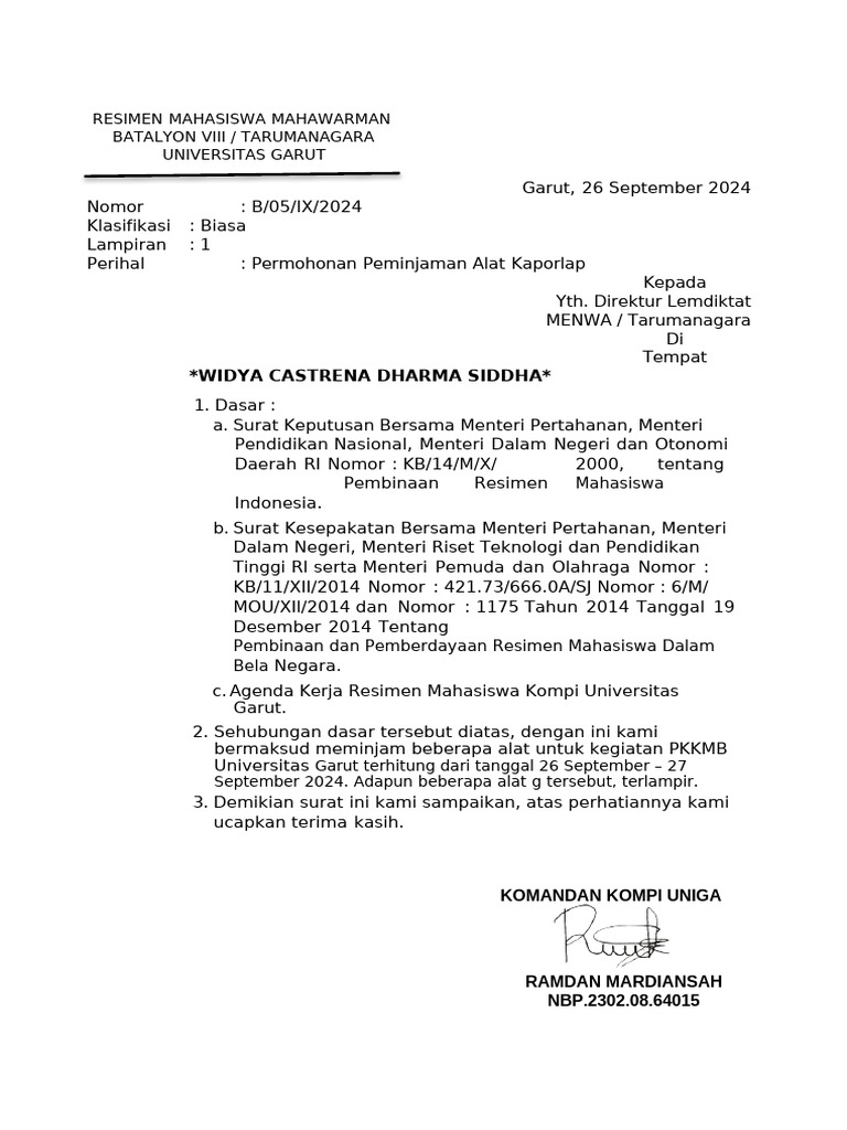Surat Peminjaman Alat Repling Lemdiklat 2 | PDF