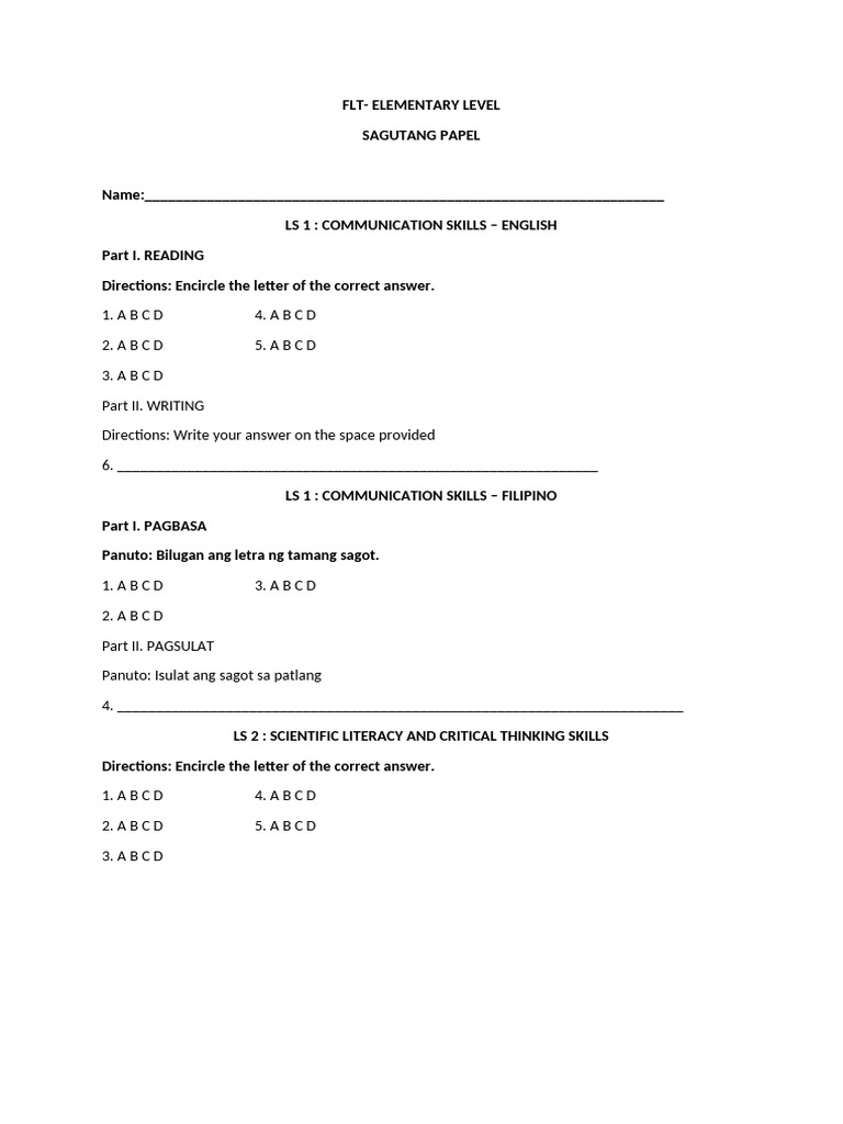 FLT Answer Sheet Elem | PDF