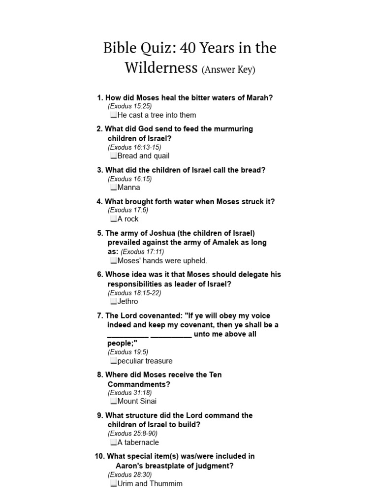 Printable Bible Quiz 40 Years in The Wilderness Answers | PDF | Book Of ...