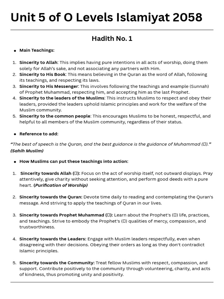 Unit 5 of O Levels Islamiyat 2058 (10 Ahadith) | PDF | Hadith | Muhammad