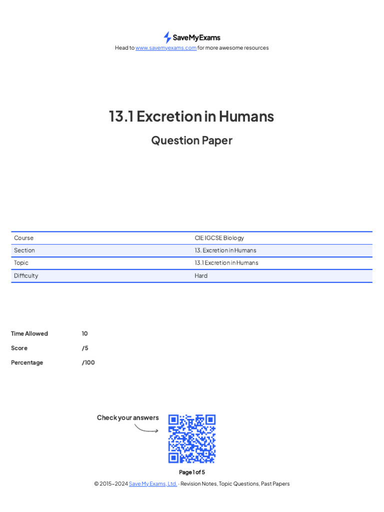 13 Excretion in Humans - Exam-Style Questions | PDF