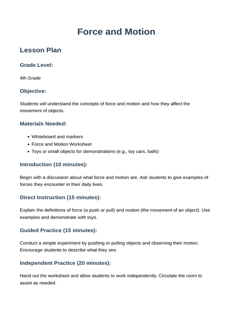 force and motion for 4th-grade :lesson plan and worksheet | PDF