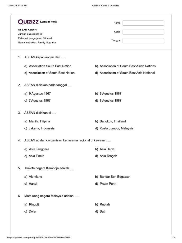 ASEAN Kelas 6 - Quizizz | PDF