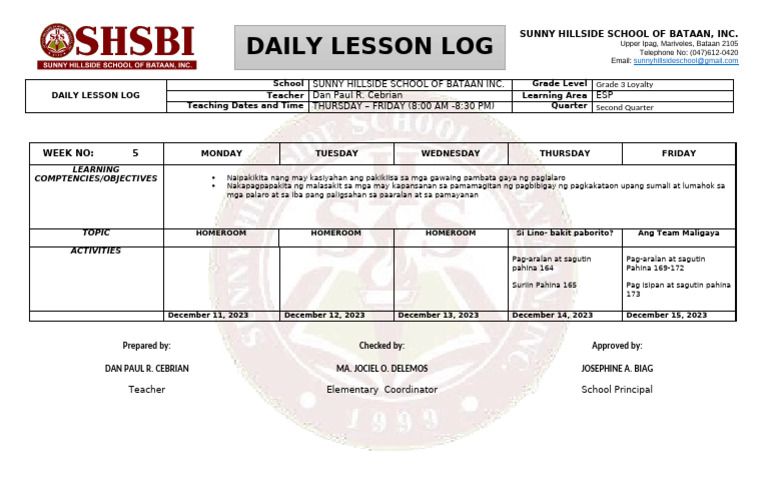 DLL-elementary ESP-3 WEEk 1 SECOND QUARTER | PDF
