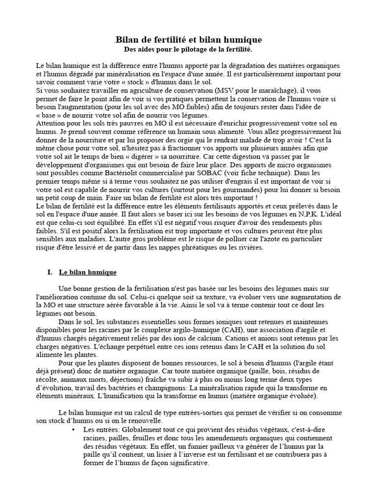 Bilans de Fertilité Et Bilan Humique | PDF