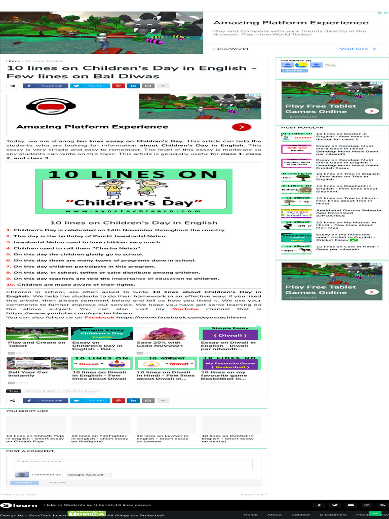 10 Lines On Children's Day in English - Few Lines On Bal Diwas | PDF