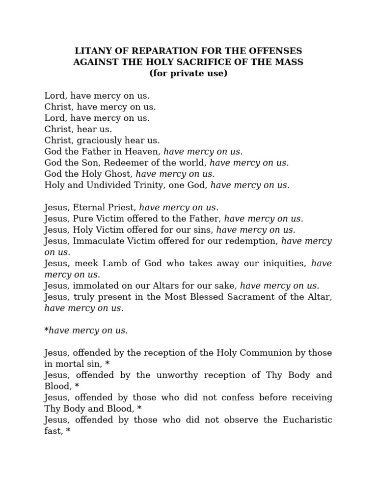 Litany of Reparation For The Offenses Against The Holy Mass | PDF