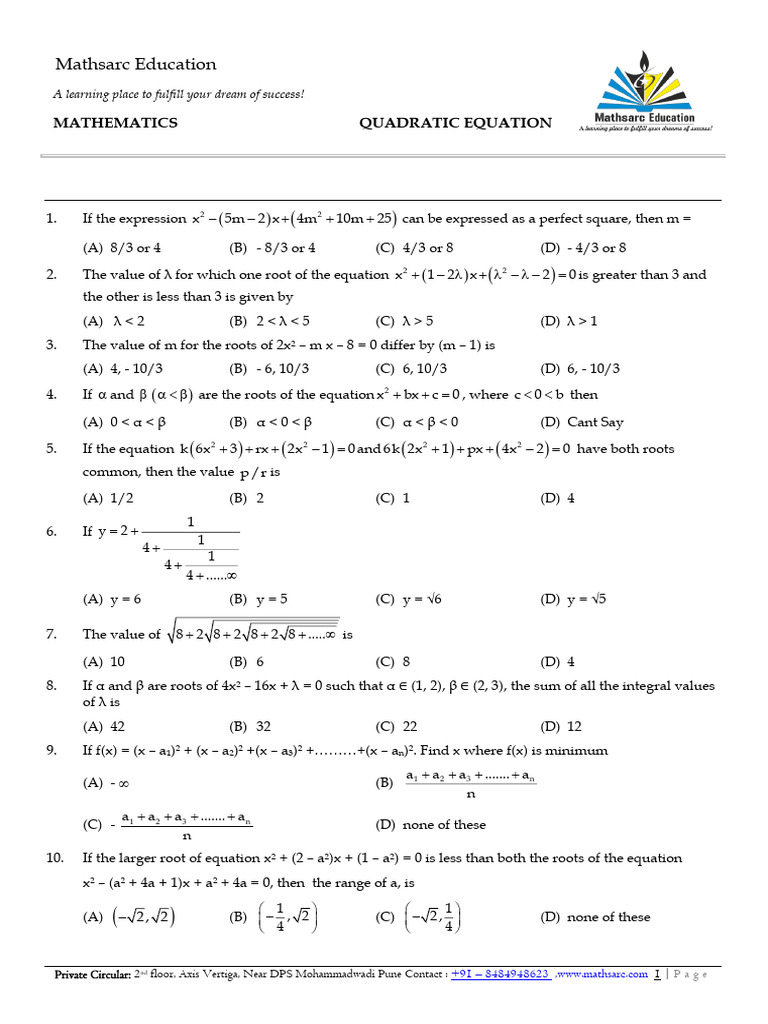 Quadratic Equation and Inequations | PDF