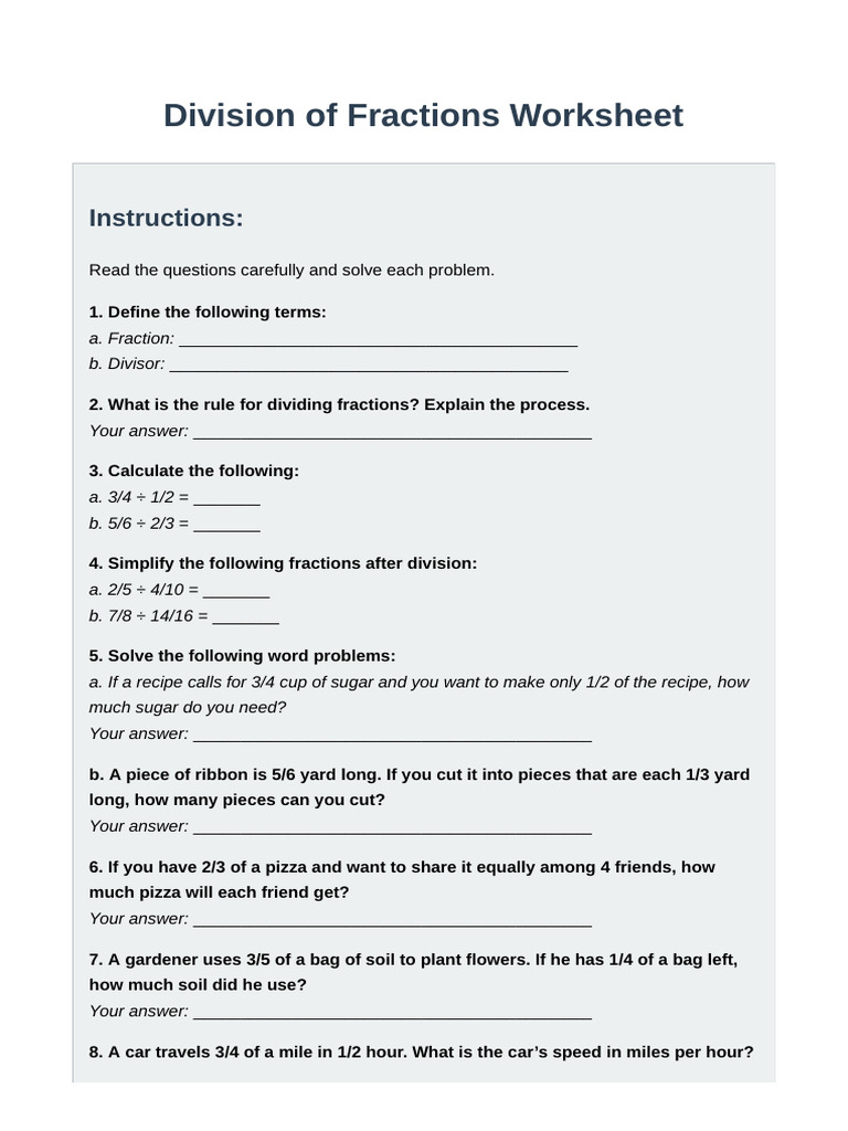 Worksheet - Fraction - Division - Word Problems | PDF