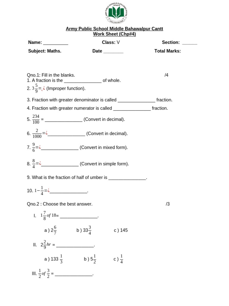 Worksheets (chp#4) | PDF | Elementary Mathematics | Lexicology