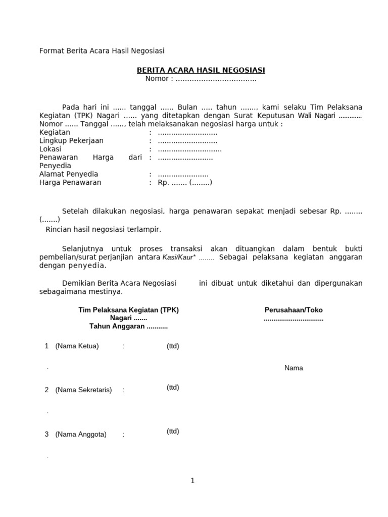 Format Berita Acara Hasil Negosiasi | PDF
