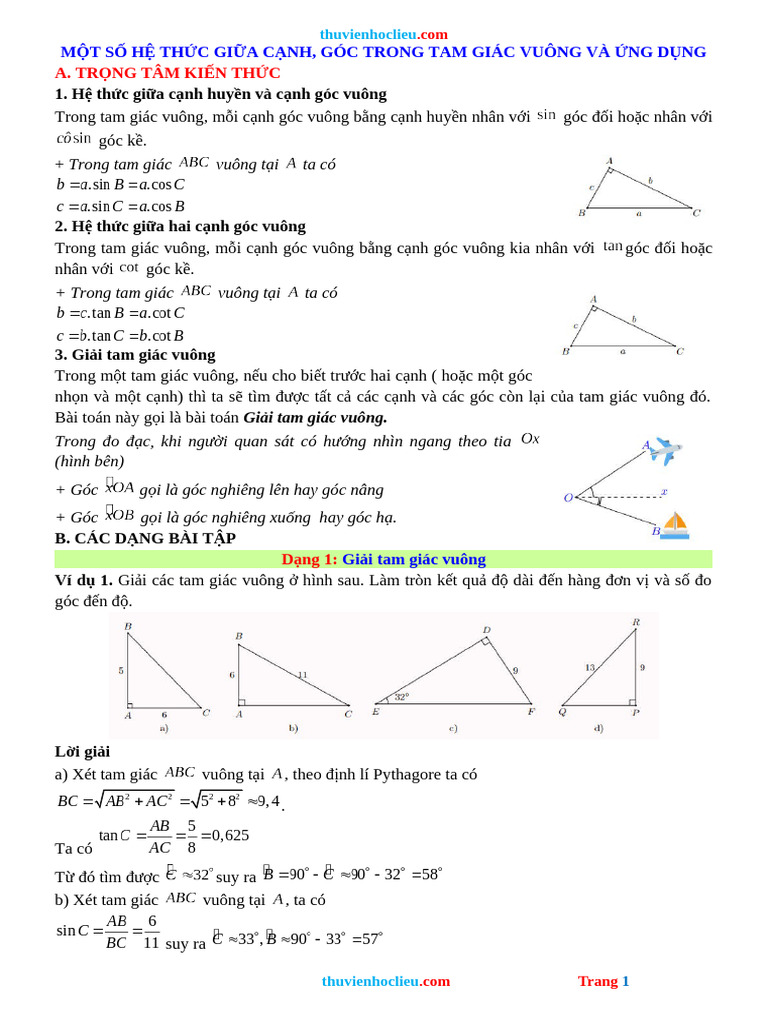 Bai 12 Mot So He Thuc Giua Canh Goc Trong Tam Giac Vuong Va Ung Dung | PDF