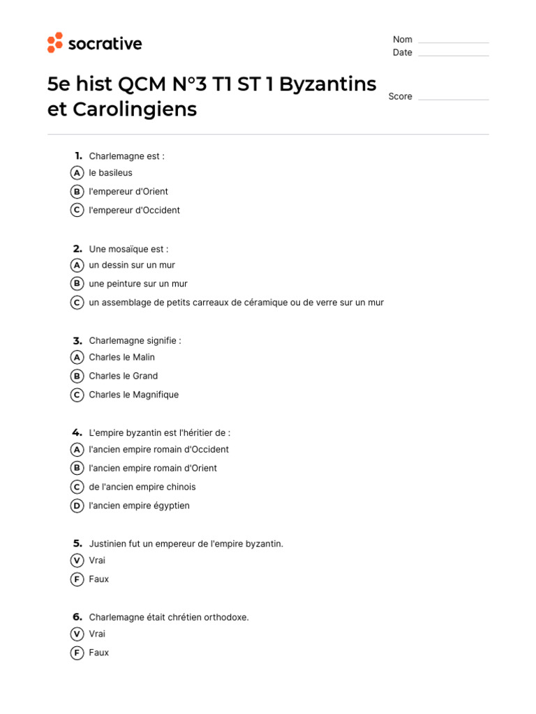 Quiz - 5e Hist QCM N°3 T1 ST 1 Byzantins Et Carolingiens | PDF