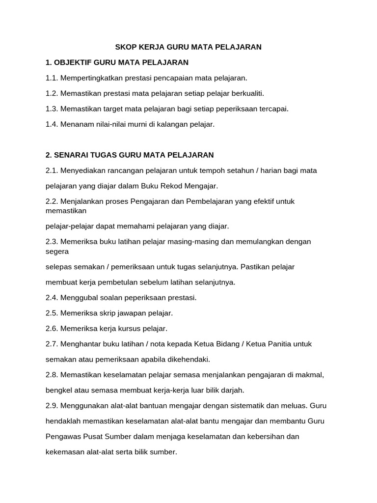 SKOP KERJA GURU MATA PELAJARAN | PDF